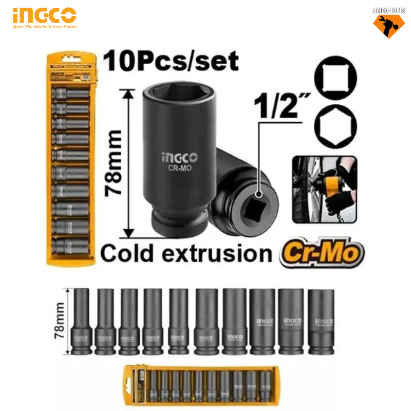 SET DE 10 DOUILLES LONGUES 1/2 À CHOC INGCO HKISSD121 – Brico-tools