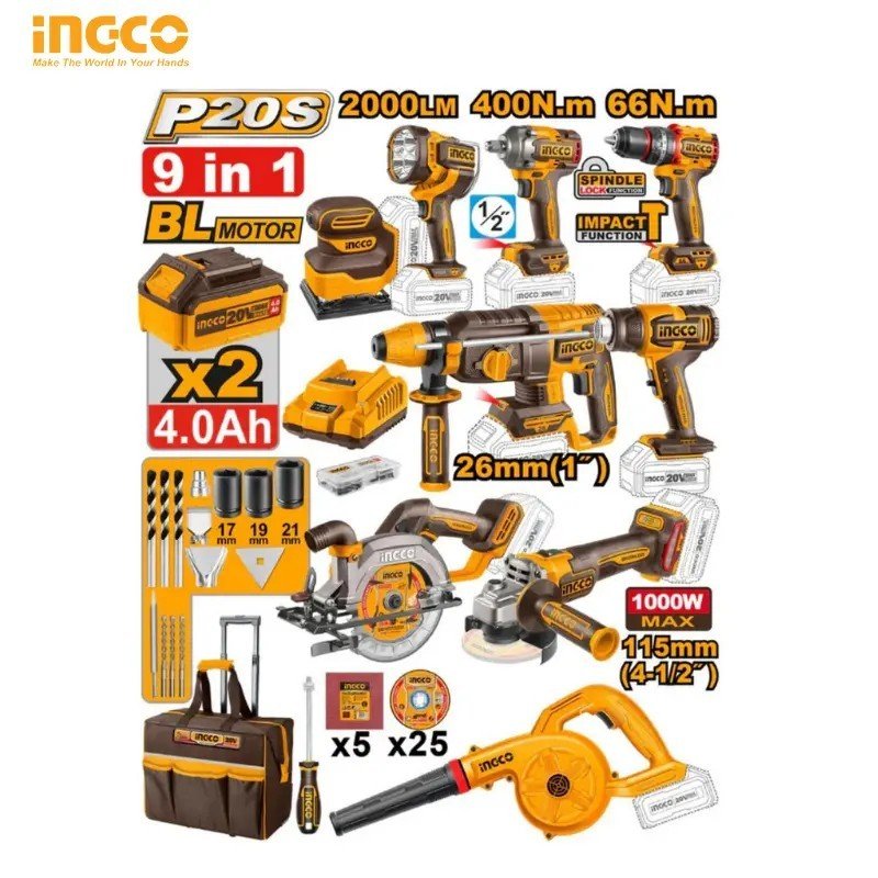 INGCO 9 PIECE CORDLESS INDUSTRIAL COMBO KIT COSLI250381 – Brico-tools